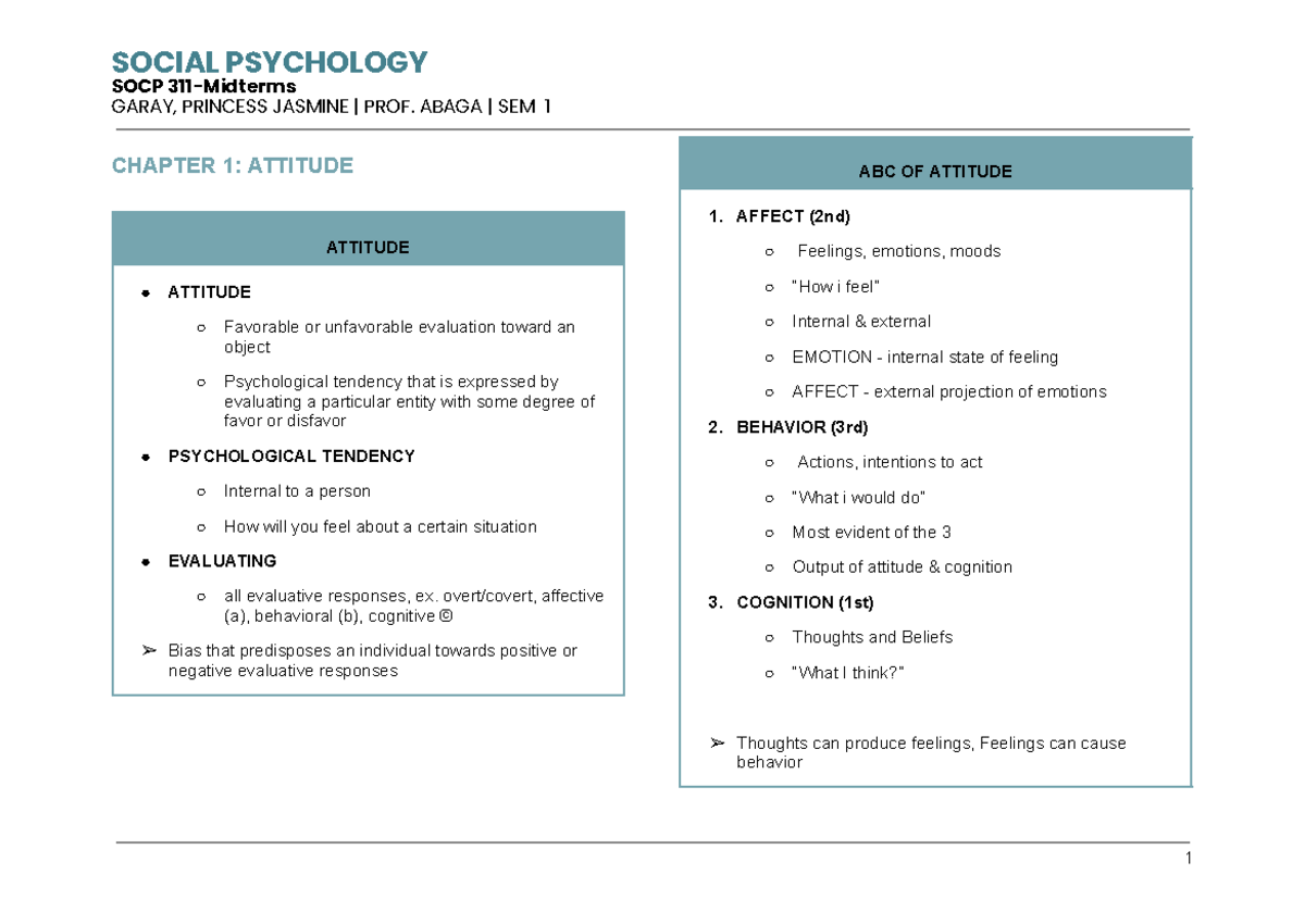 SOCIAL PSYCHOLOGY SOCP Midterm Study Notes: Attitudes and Behavior ...