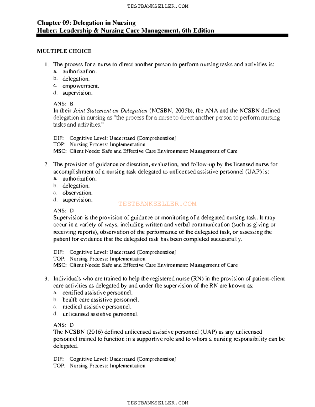 09 - Delegation in Nursing: Chapter 9 Practice Questions - Studocu