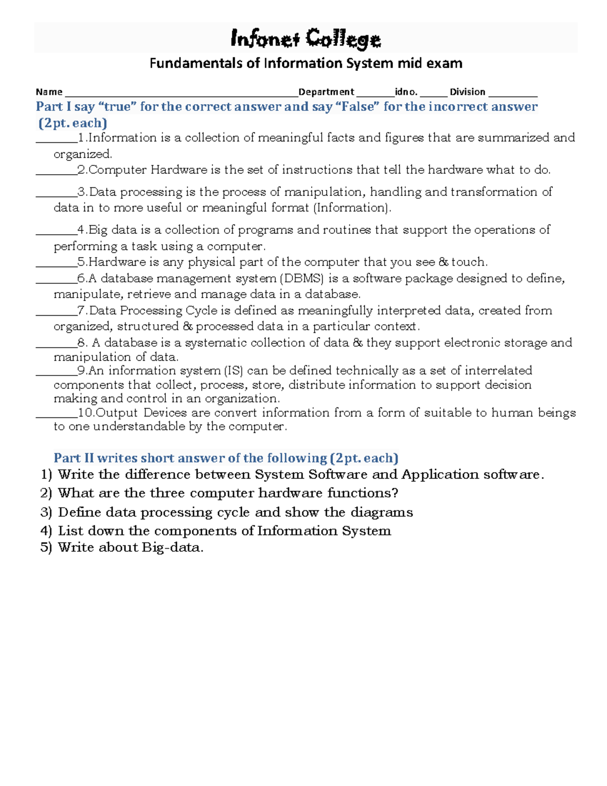 Mid exam finadamenta-code1 - Infonet College Fundamentals of ...