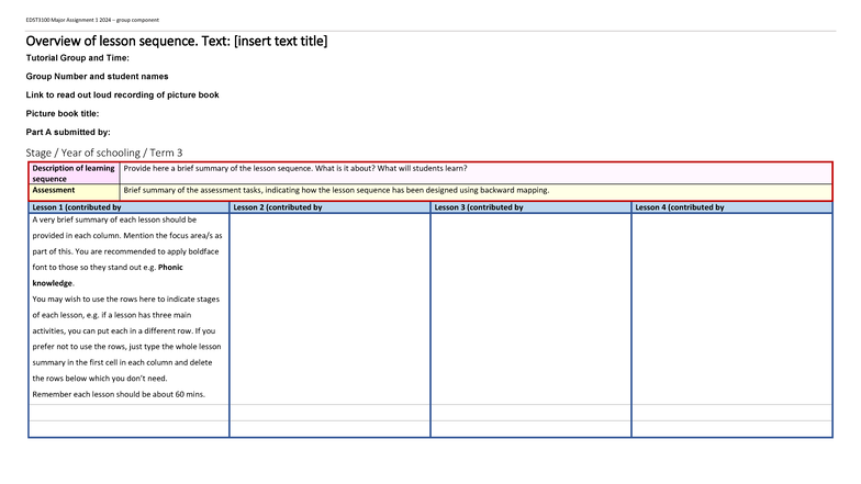 EDST3100 Major Assignment 1 2024: Overview of Lesson Sequence - Studocu