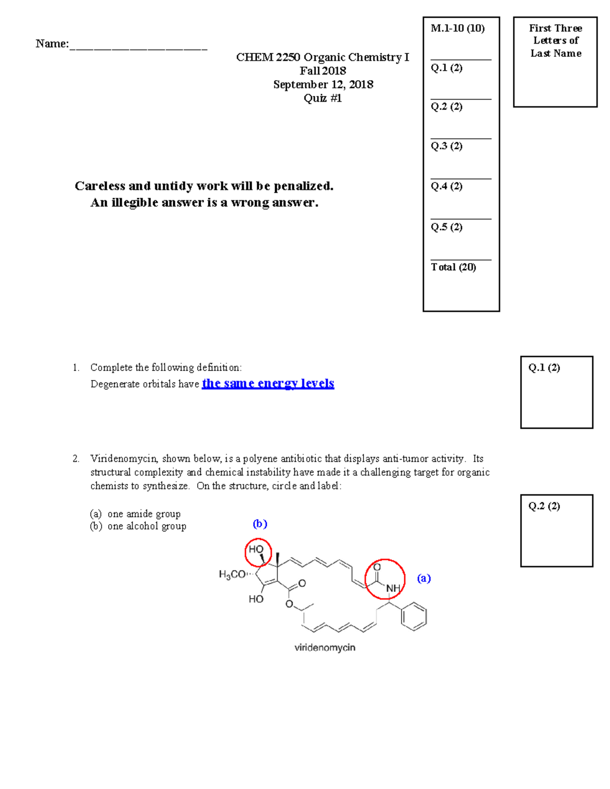 CHEM 2250 Organic Chemistry I Fall 2018 Quiz 1 Answer Key - Studocu