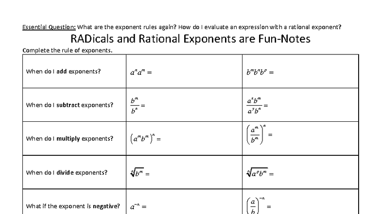 RAD 101: Exponent Rules & Evaluating Rational Exponents - Studocu