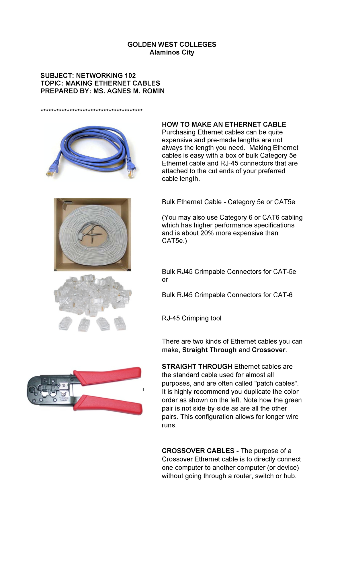 Networking 102 - Lesson 8: Making Ethernet Cables Guide - Studocu