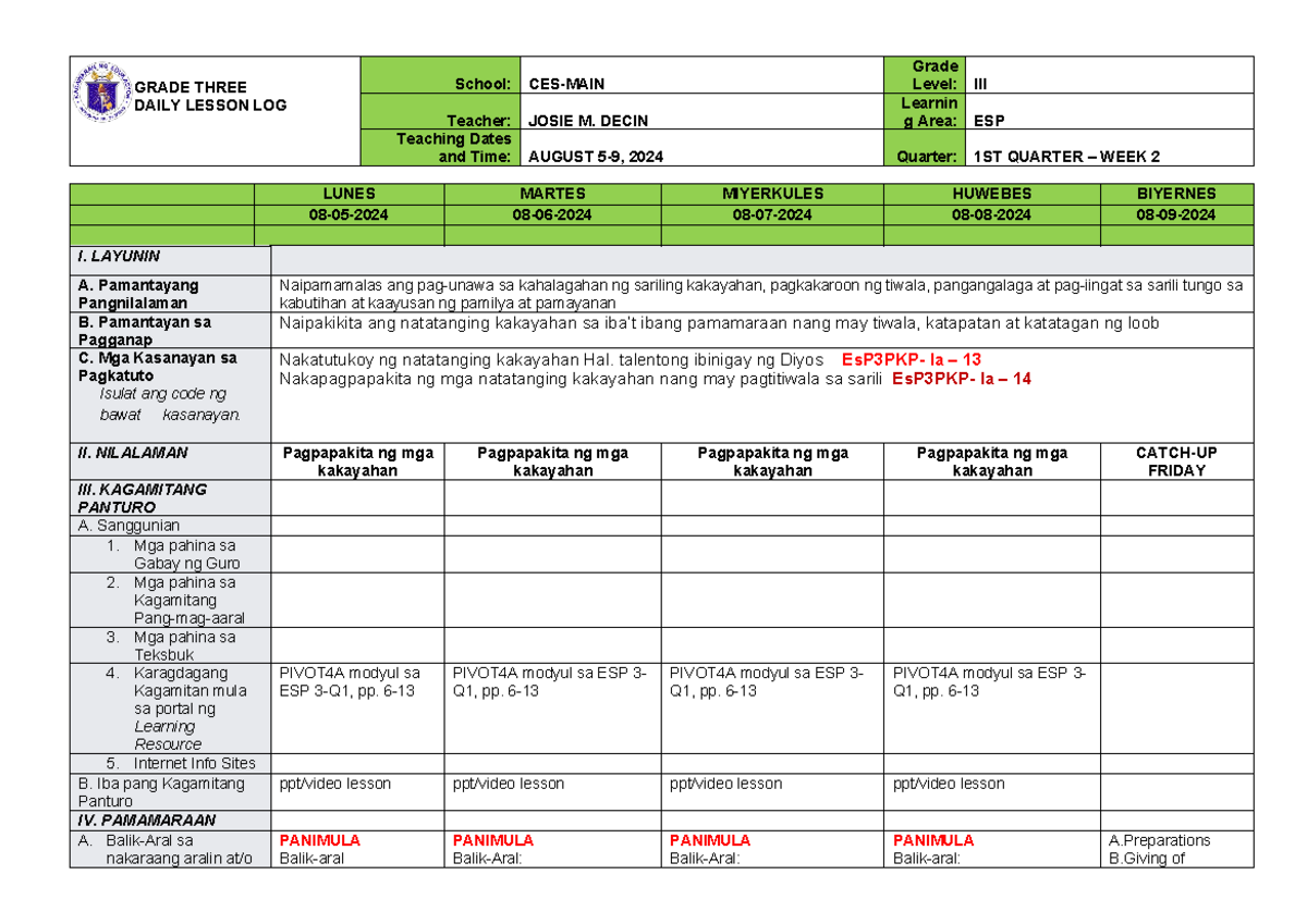 DLL ESP-3 Q1 WEEK-2 - Daily Lesson Log for ESP Subject - Studocu