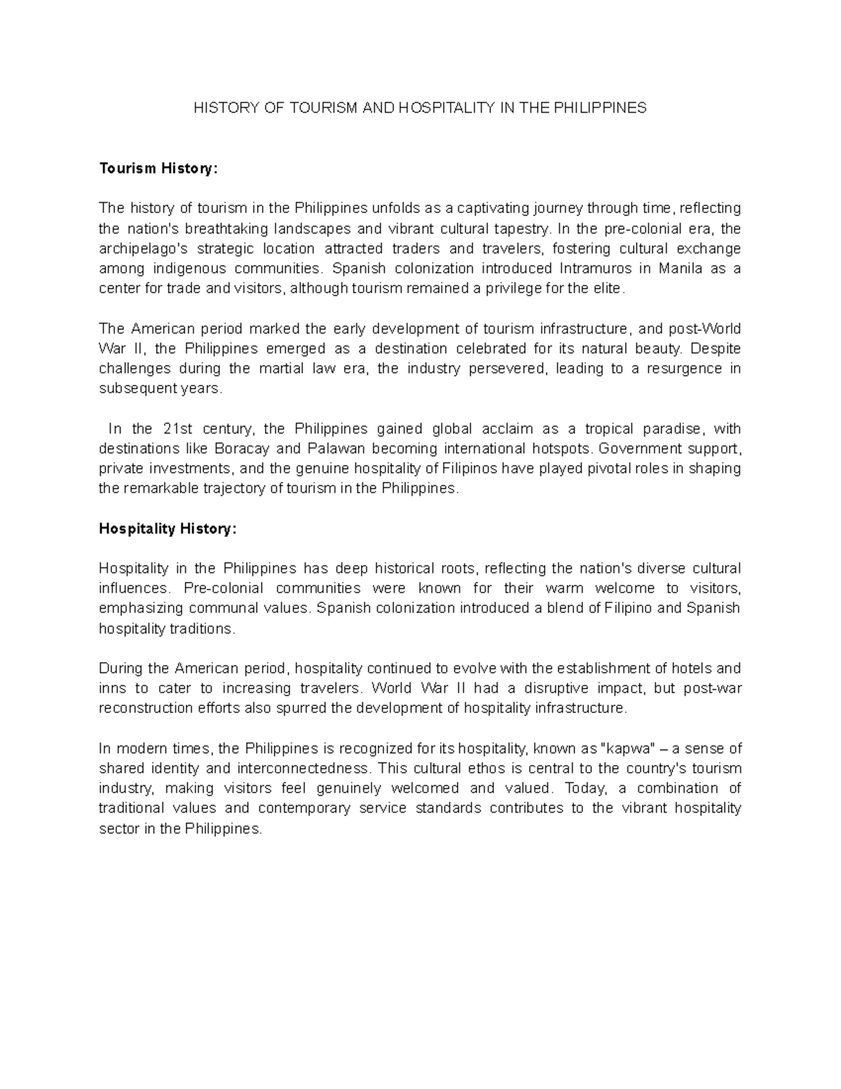 History of Tourism and Hospitality in the Philippines: A Review - Studocu