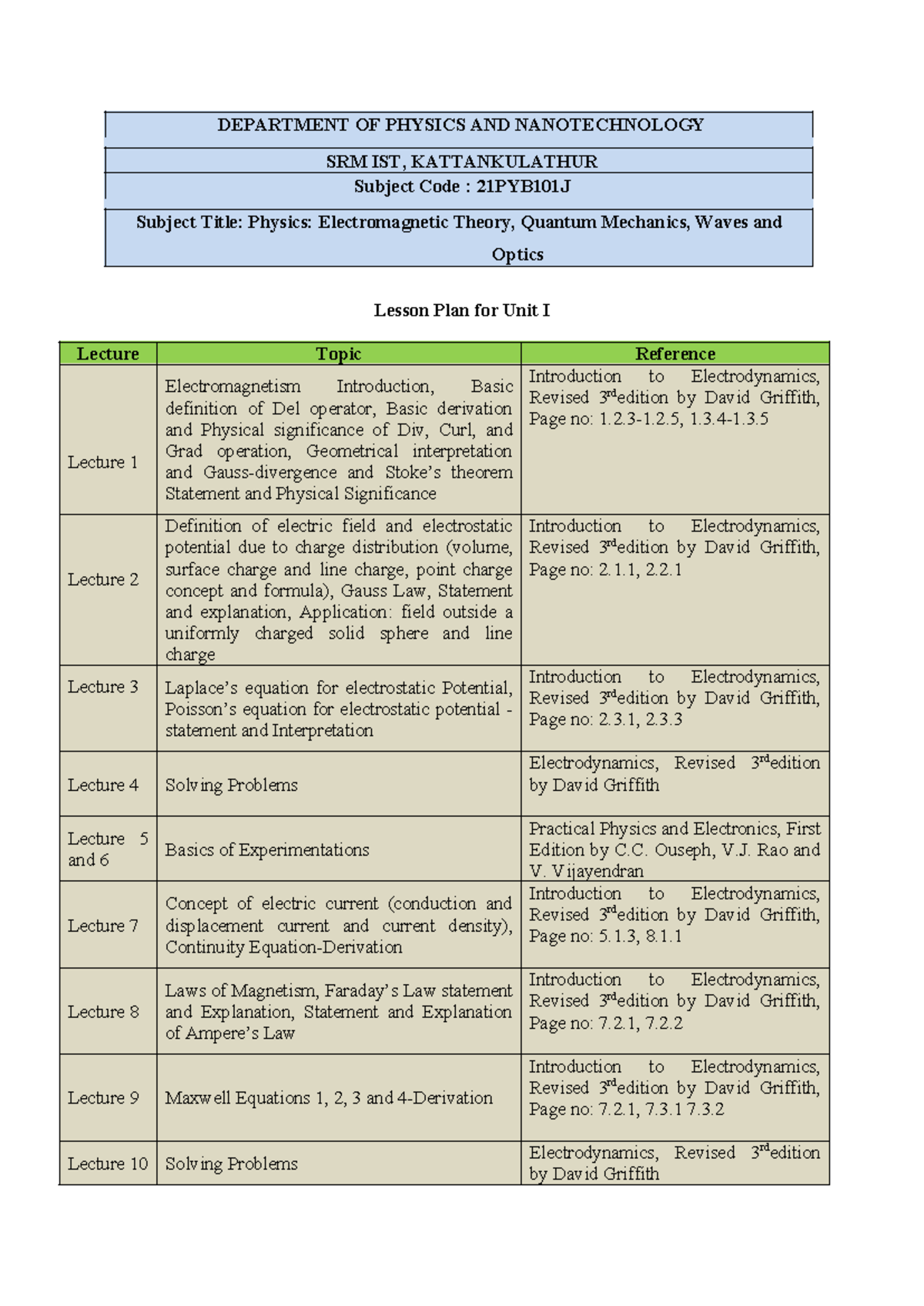 21PYB101J Physics: Electromagnetic Theory & Quantum Mechanics Lesson Plan - Studocu