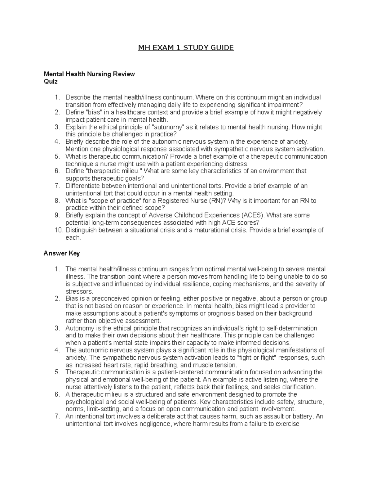Mental Health Nursing Exam 1 Study Guide and Key Concepts - MH EXAM 1 ...