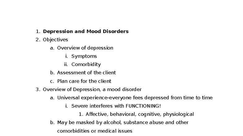 Depression and Mood Disorders Presentation Outline - Depression and ...