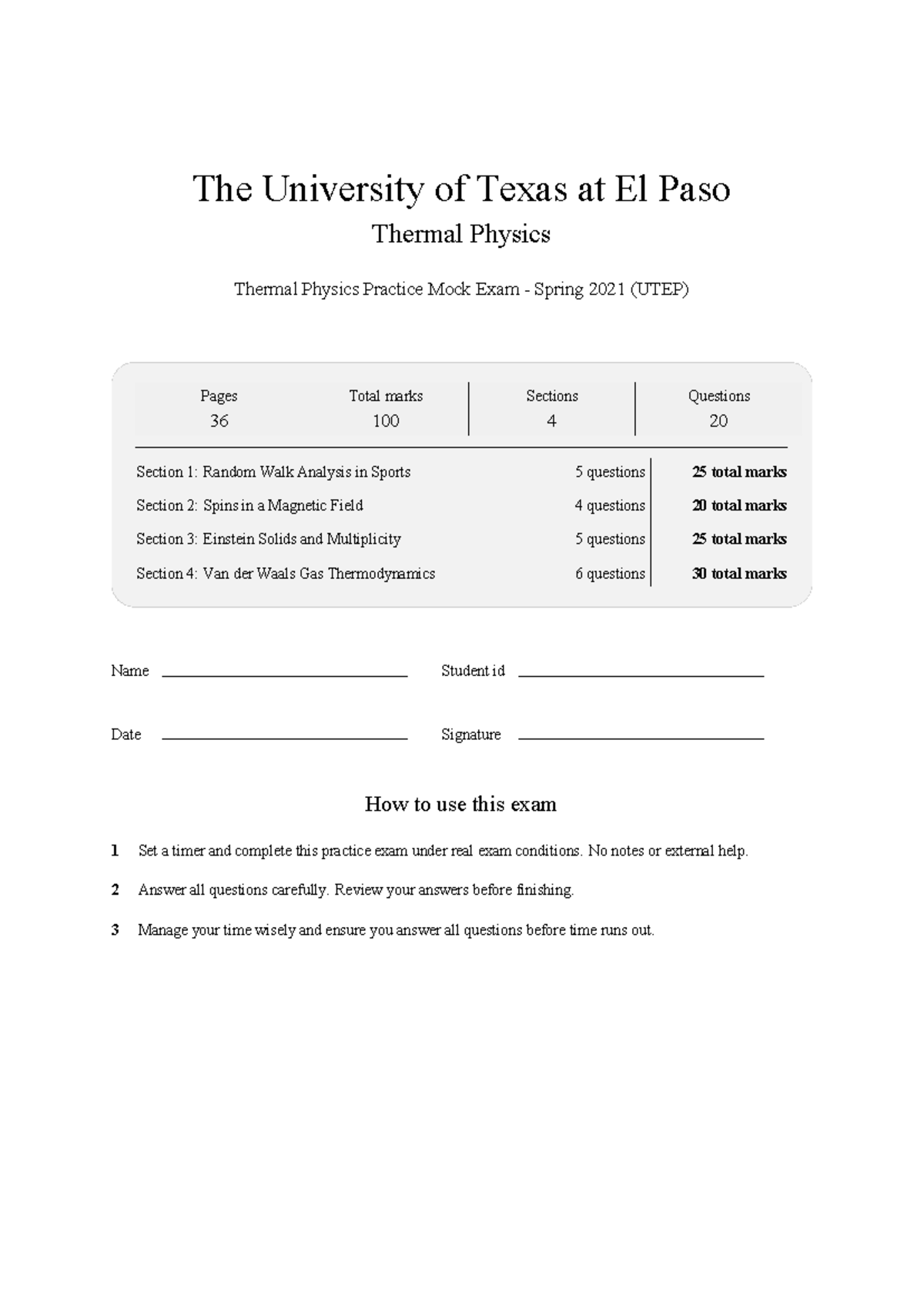 PHYS 3331 Thermal Physics UTEP Practice Mock Exam Spring 2021 - Studocu