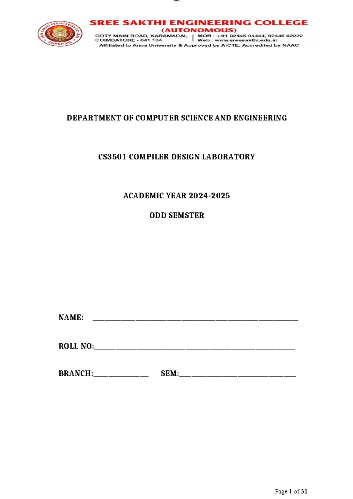 Compiler Design LAB Record - DEPARTMENT OF COMPUTER SCIENCE AND ENGINEERING CS3501 COMPILER ...