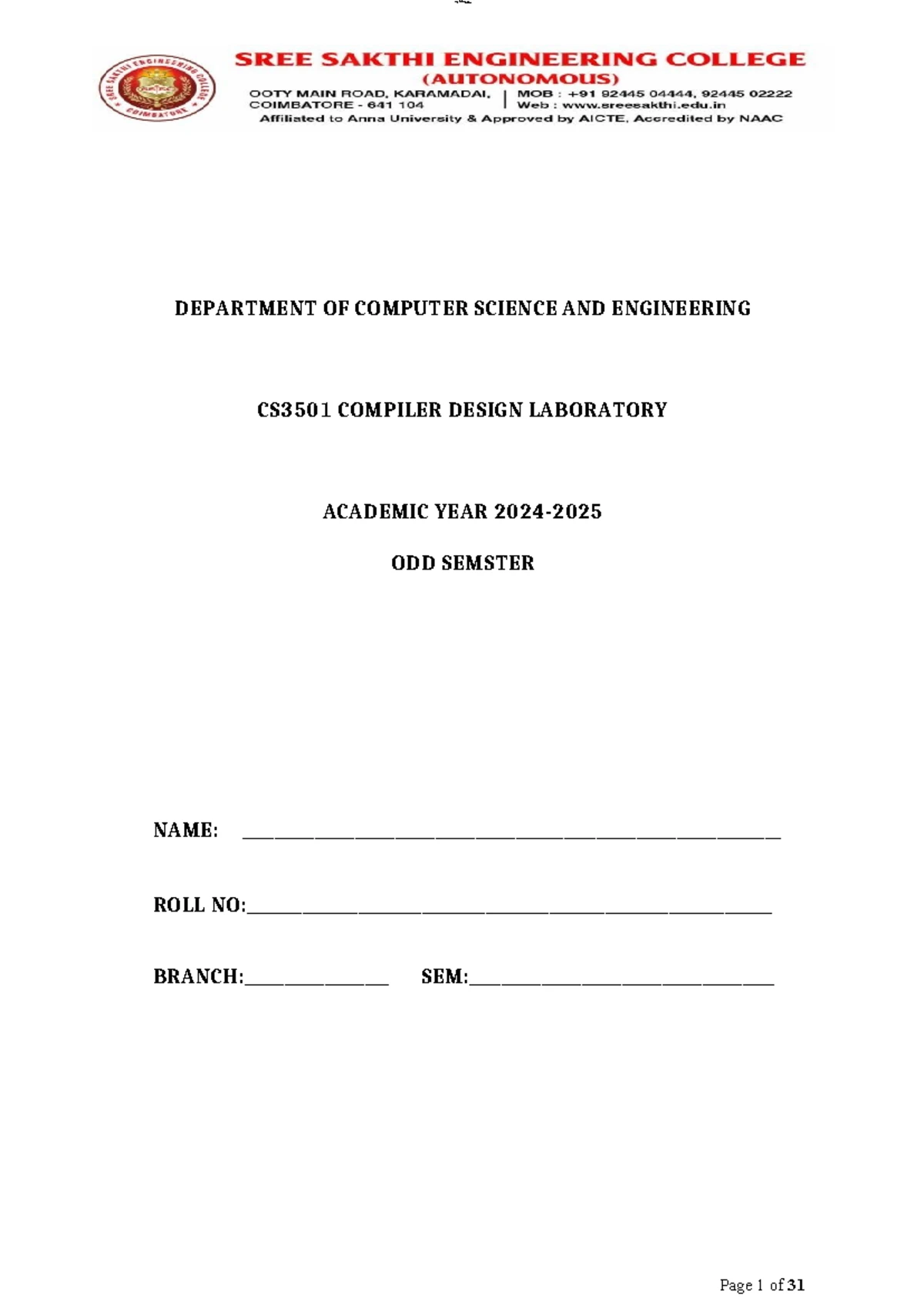 Compiler Design LAB Record - DEPARTMENT OF COMPUTER SCIENCE AND ENGINEERING CS3501 COMPILER ...