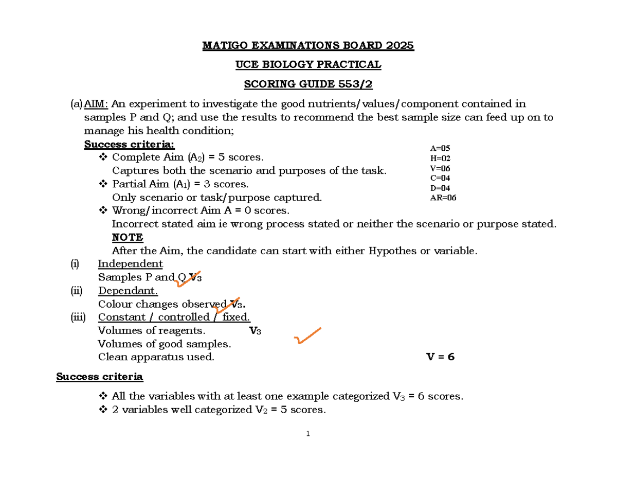 Matigo Mocks UCE BIOLOGY PP2 Scoring Guide 2025 - Studocu
