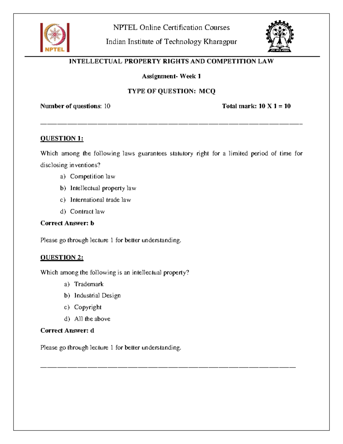 Assignment 1 - Intellectual Property Rights Quiz (IIT KGP) - Studocu