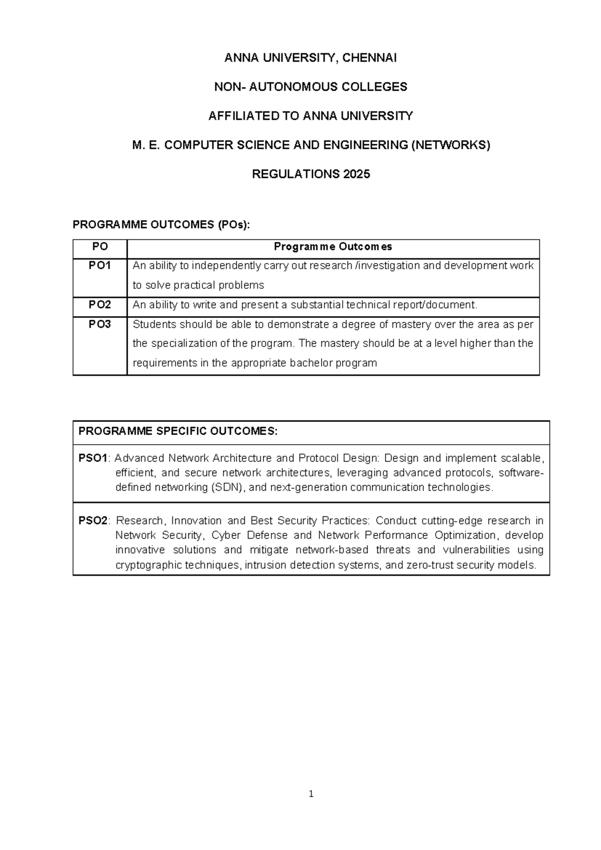 M.E. CSE (Networks) Regulations 2025: Programme Outcomes & Curriculum ...