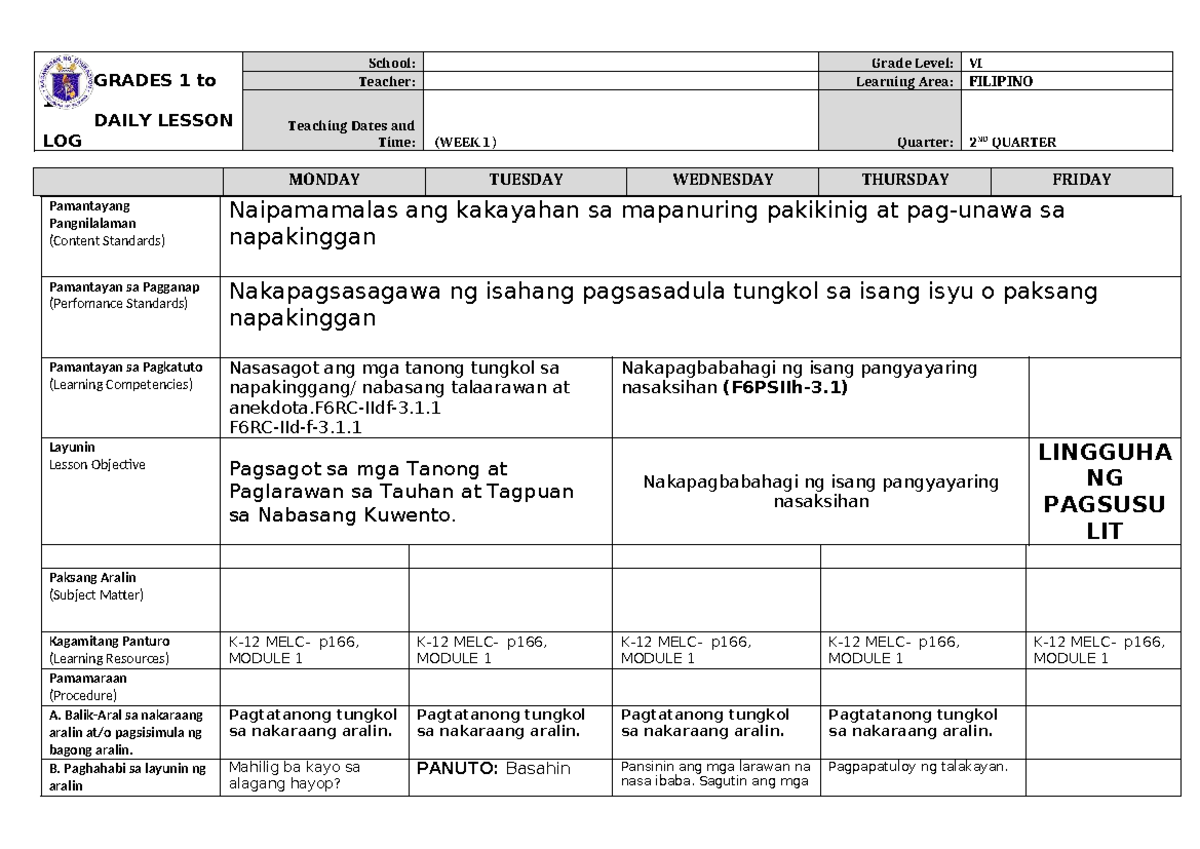 DLL Filipino 6 Q2 W1: Daily Lesson Plan for Grade 6 - Studocu