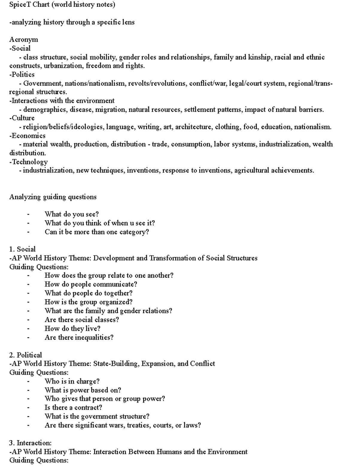 SPICE T Chart for AP World History Notes: Analyzing Themes and ...