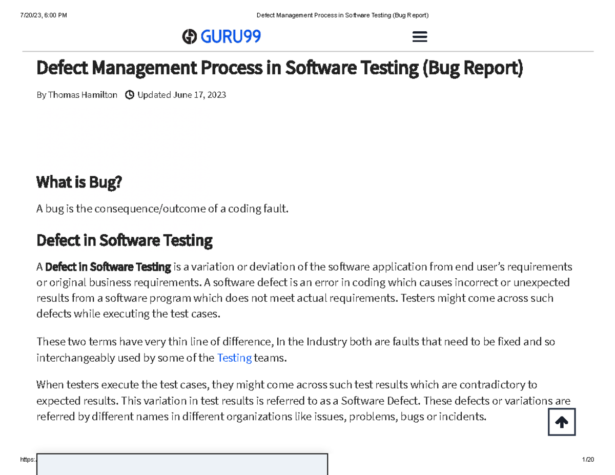 Defect Management Process In Software Testing Bug Report Studocu