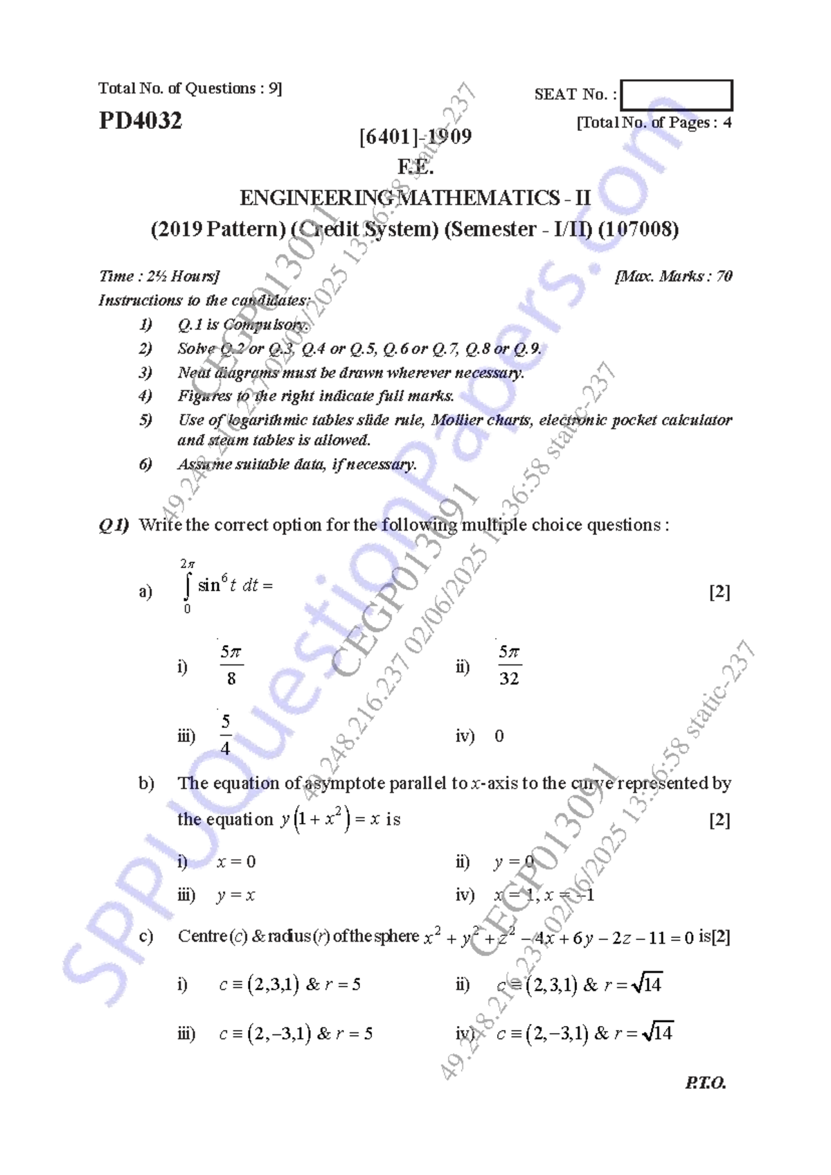 Final Exam PD4032 Engineering Mathematics II (2019 Pattern) - Studocu