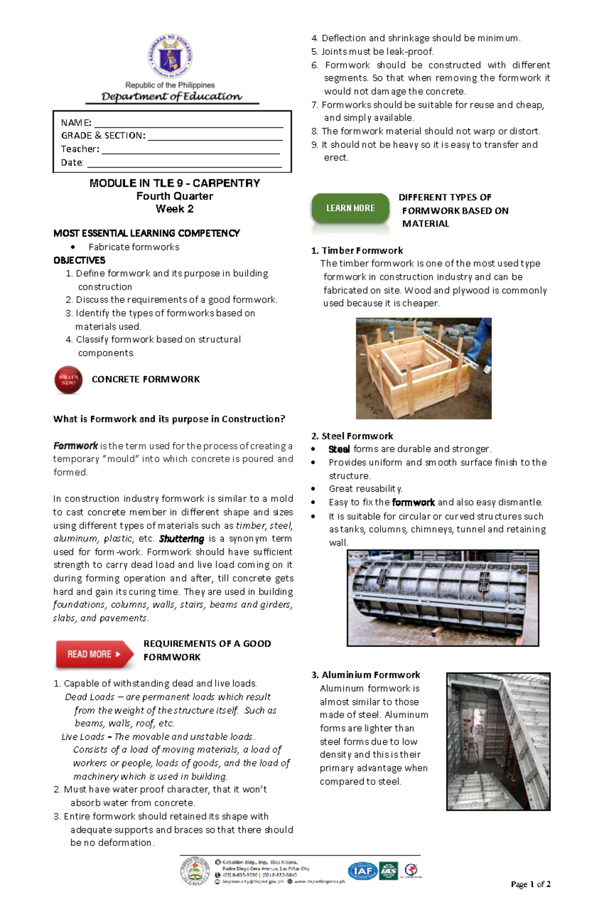 M2 TLE 9 Carpentry 4th Q Module on Concrete Formworks - Studocu