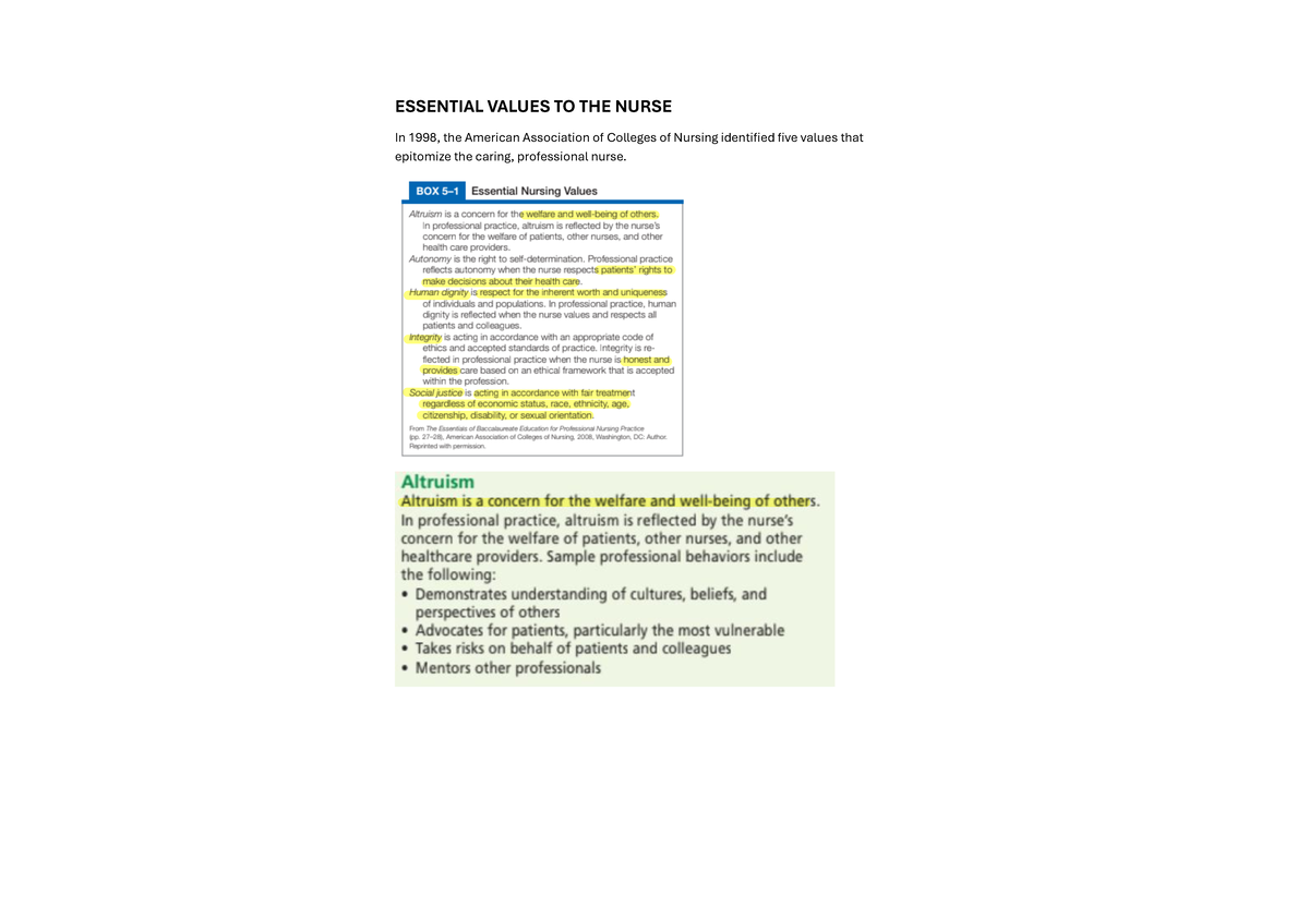 Patient’s bill of rights - nursing - ESSENTIAL VALUES TO THE NURSE In ...