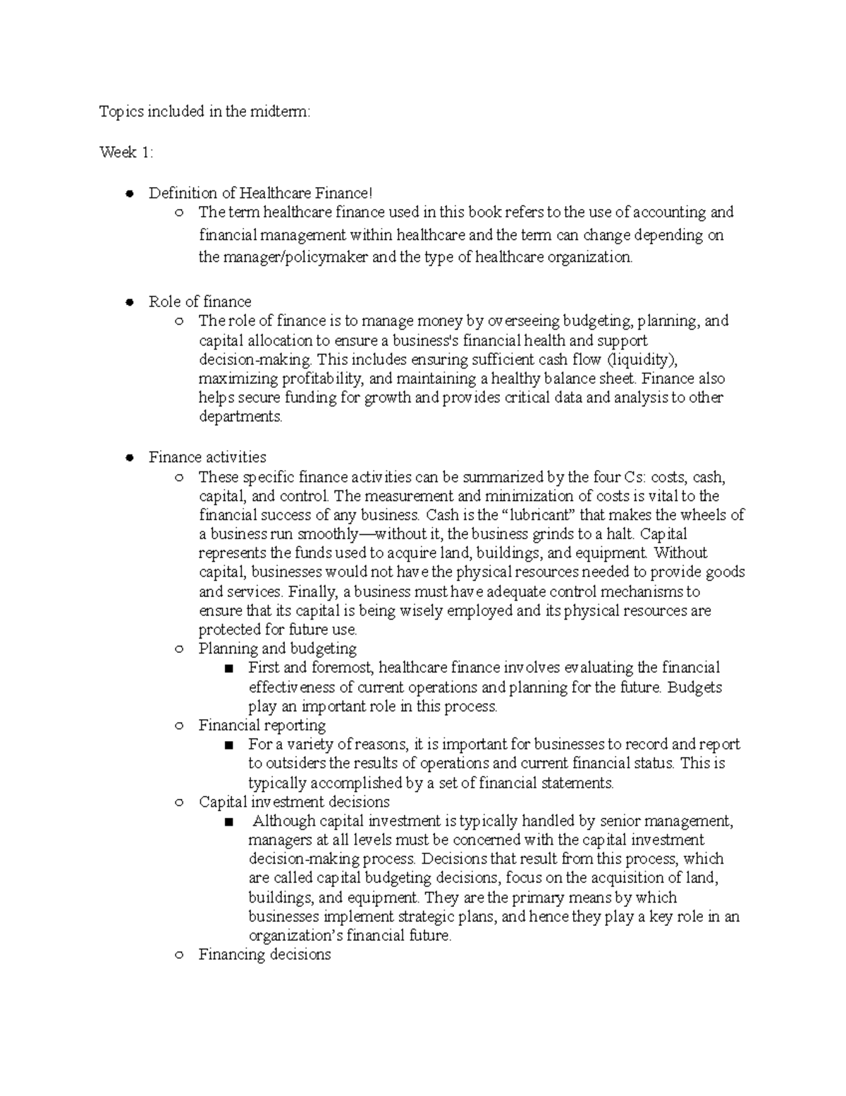 Healthcare Finance (HCF 101) Midterm Study Guide: Key Concepts & Principles - Studocu