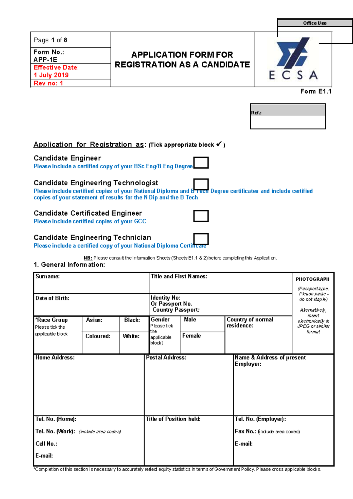 ECSA Application Form for Registration as a Candidate Engineer - Studocu