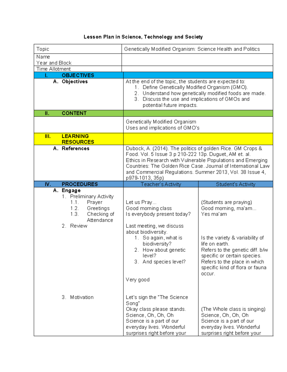 Lesson Plan: Genetically Modified Organisms in Science (sTS) - Studocu