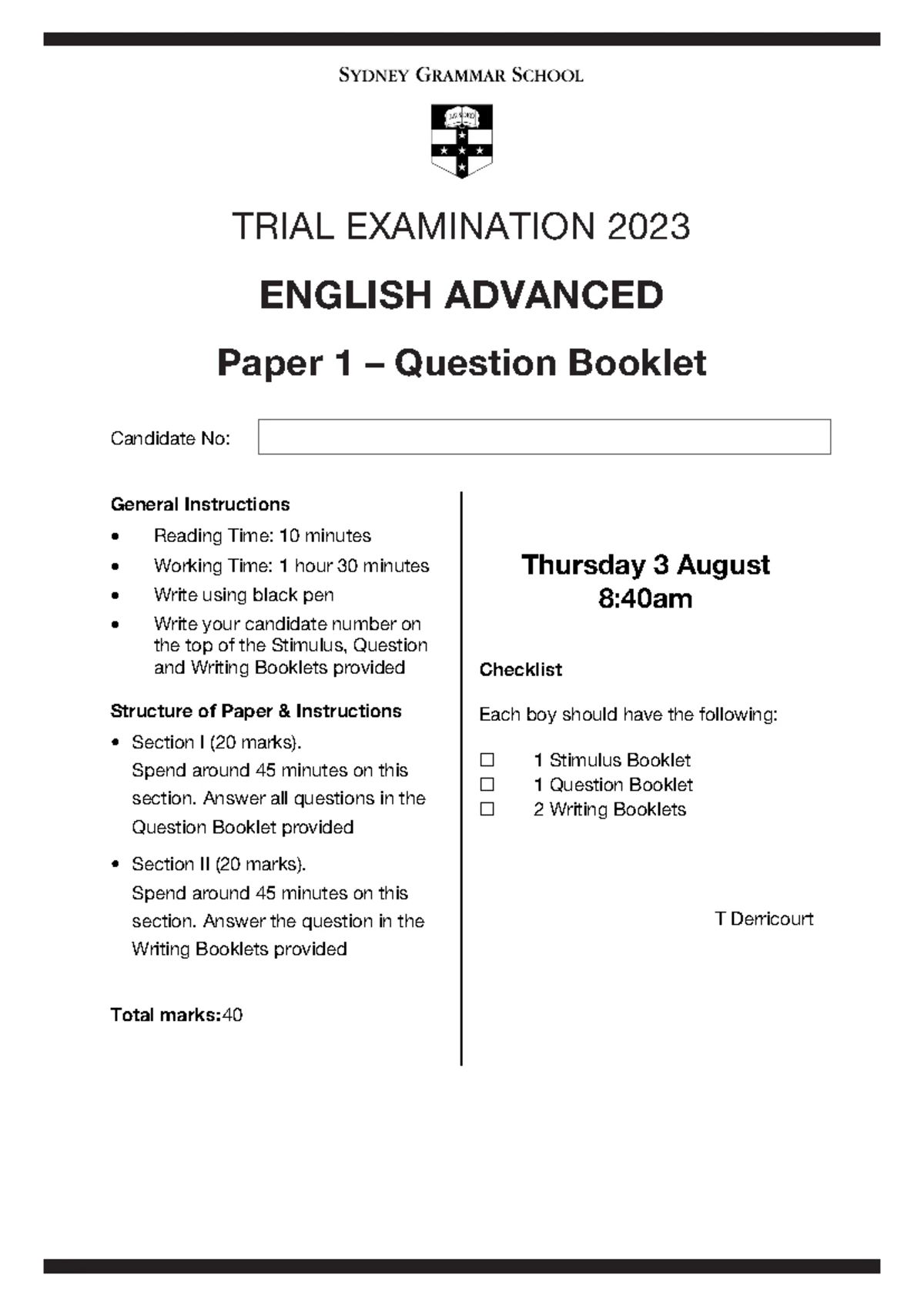 2019 CSSA Trial HSC English Advanced Paper 1: Texts & Human Experiences ...