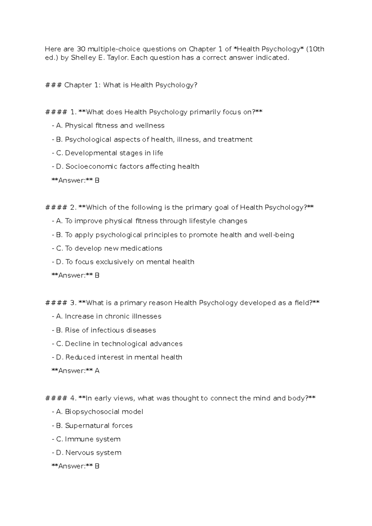 Chapter 1 Quiz Answers: Health Psychology (10th ed.) - Shelley E ...