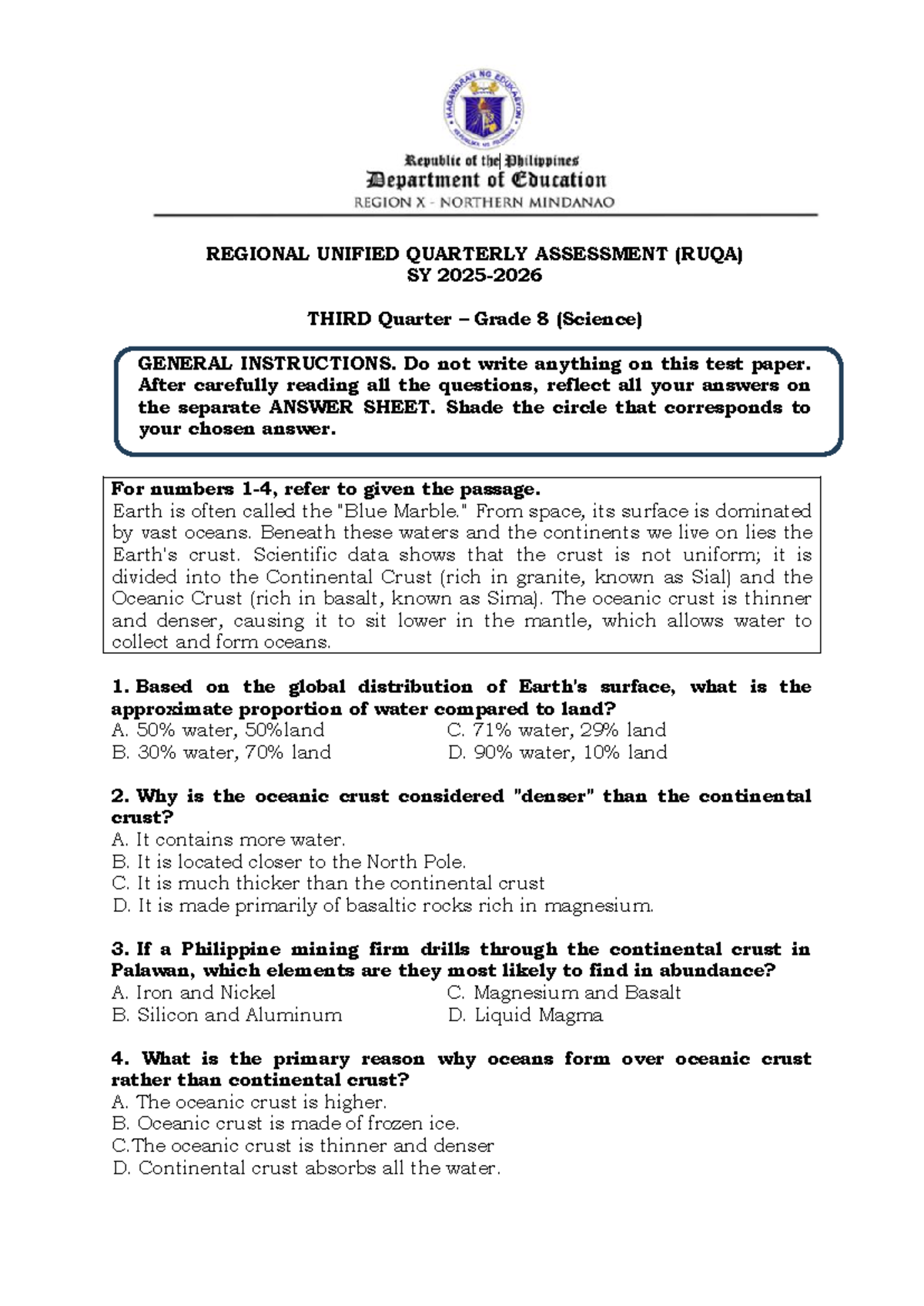 Science 8 RUQA 3rd Quarter Assessment Questionnaire - Studocu