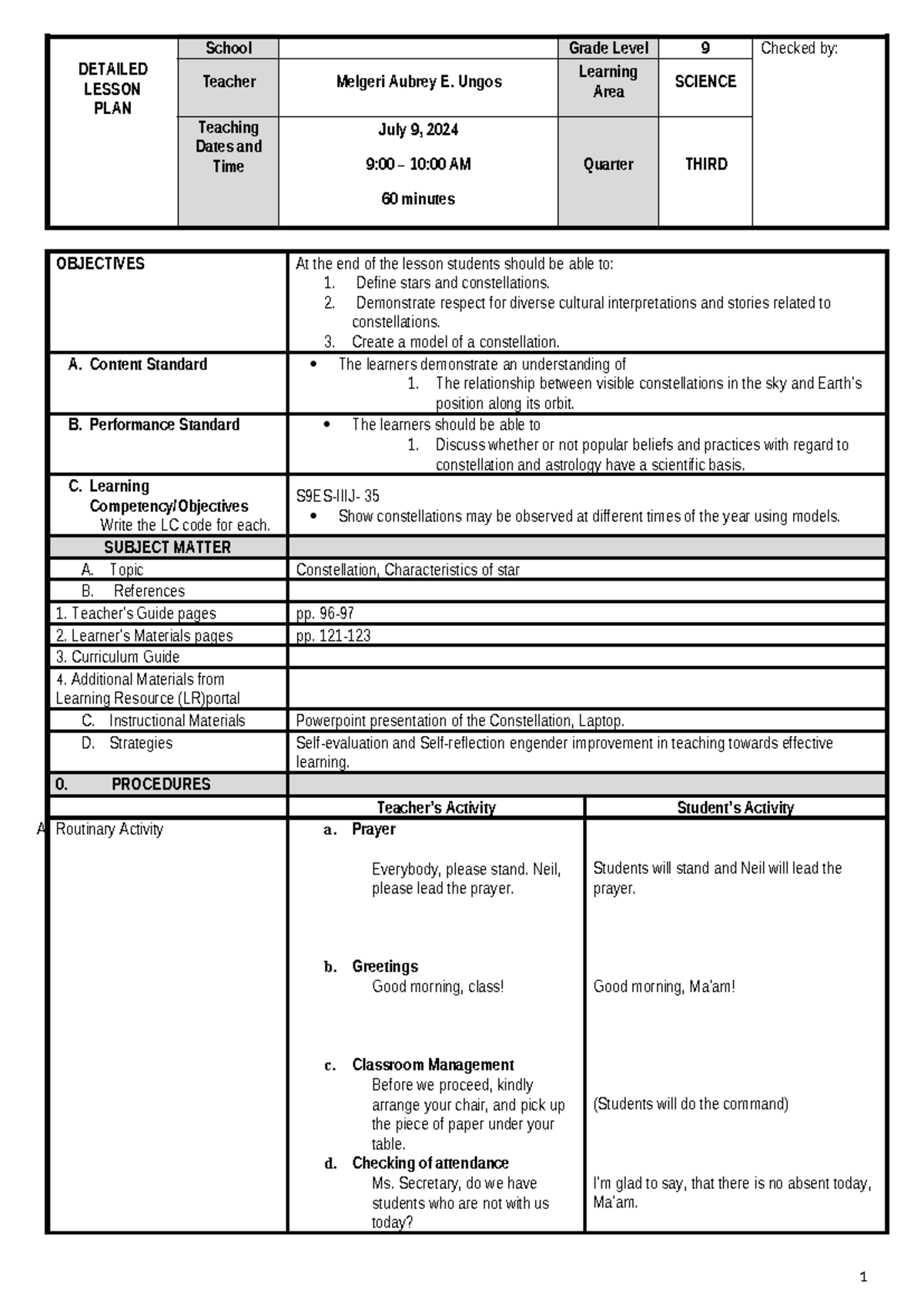 Detailed Lesson Plan on Constellations - Science 3rd Grade - Studocu