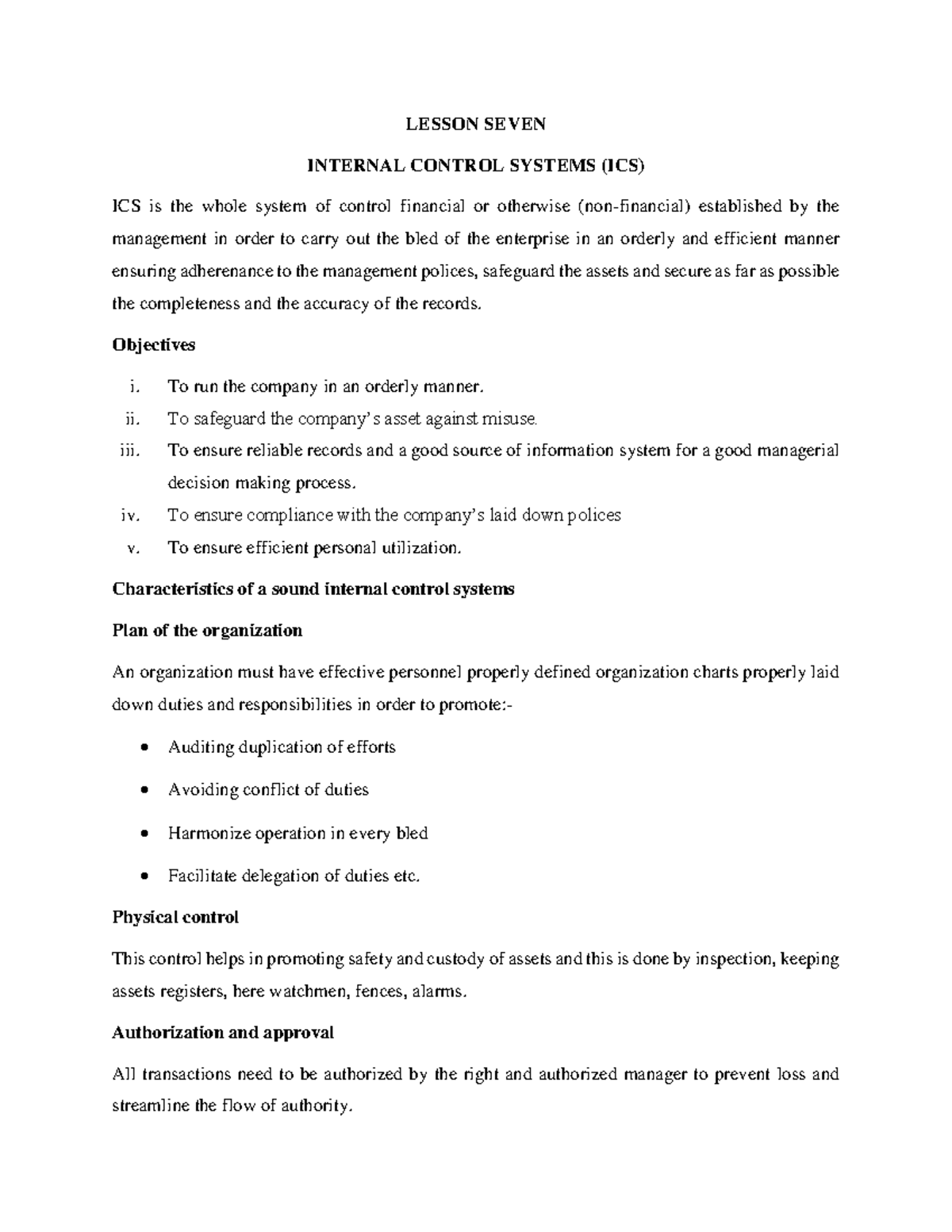 Lesson seven: Understanding internal control systems (ICS) - Studocu