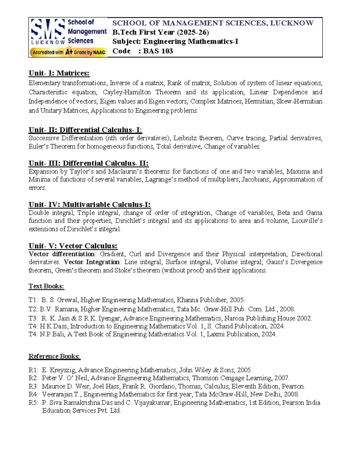 Engineering Mathematics I BAS 103: Key Concepts and Applications - Studocu