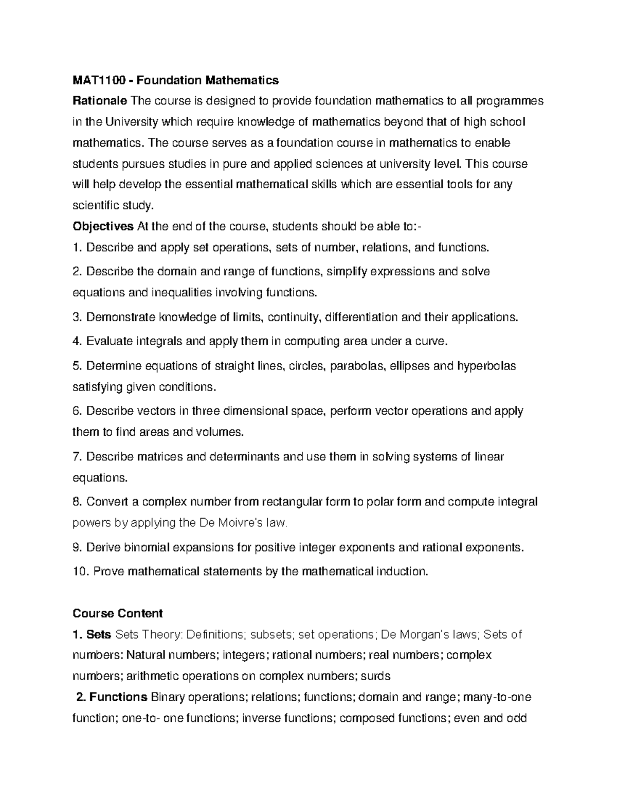 MAT1100 Foundation Mathematics Course Outline and Objectives - Studocu