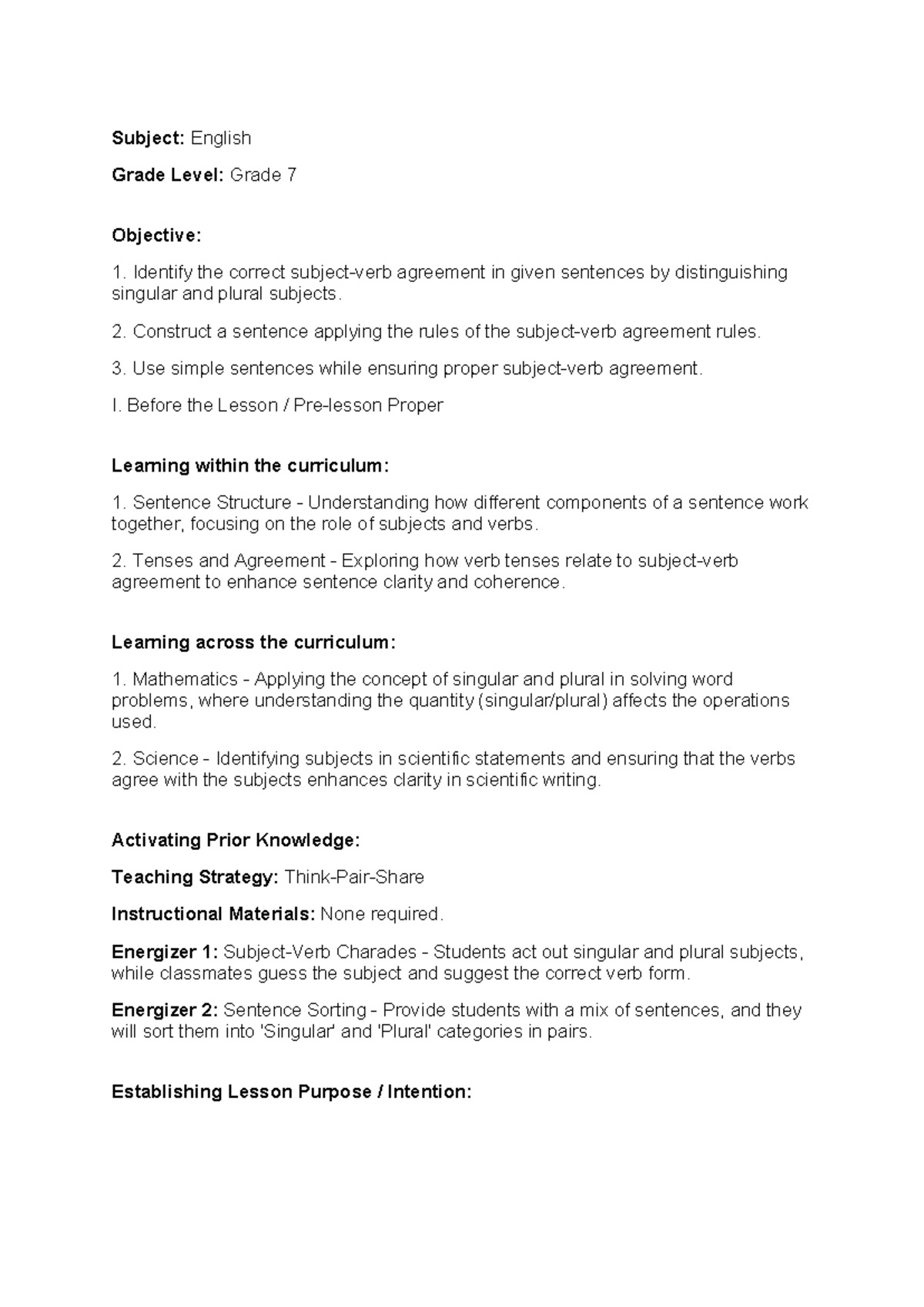 Grade 7 English Lesson Plan: Mastering Subject-Verb Agreement - Studocu