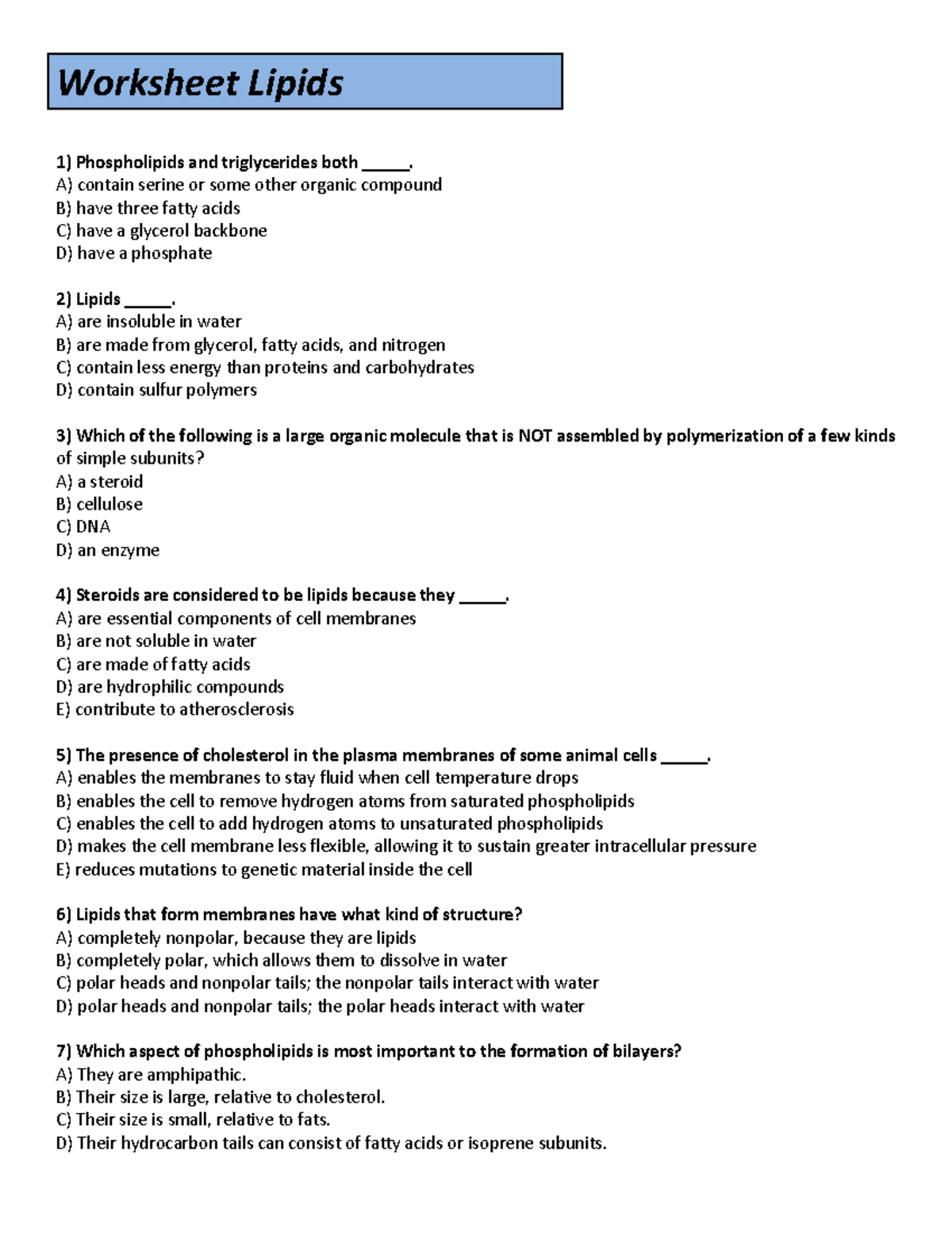 Worksheet on Lipids: Structure, Function, and Permeability Analysis ...
