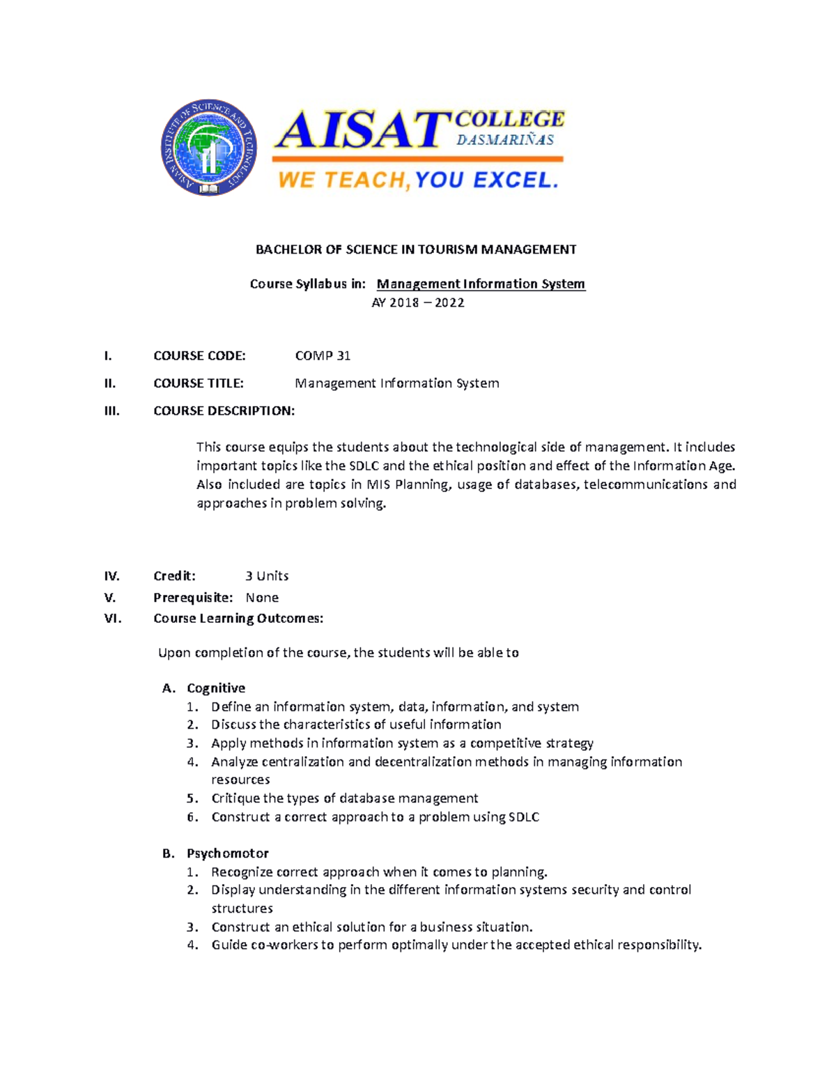 COMP 31: Syllabus for Management Information Systems Course - Studocu