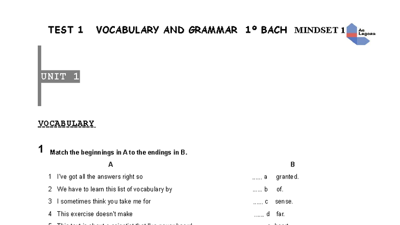 Mindset 1 - 1º Bach - TEST 1 Vocabulary & Grammar Exercises - Studocu