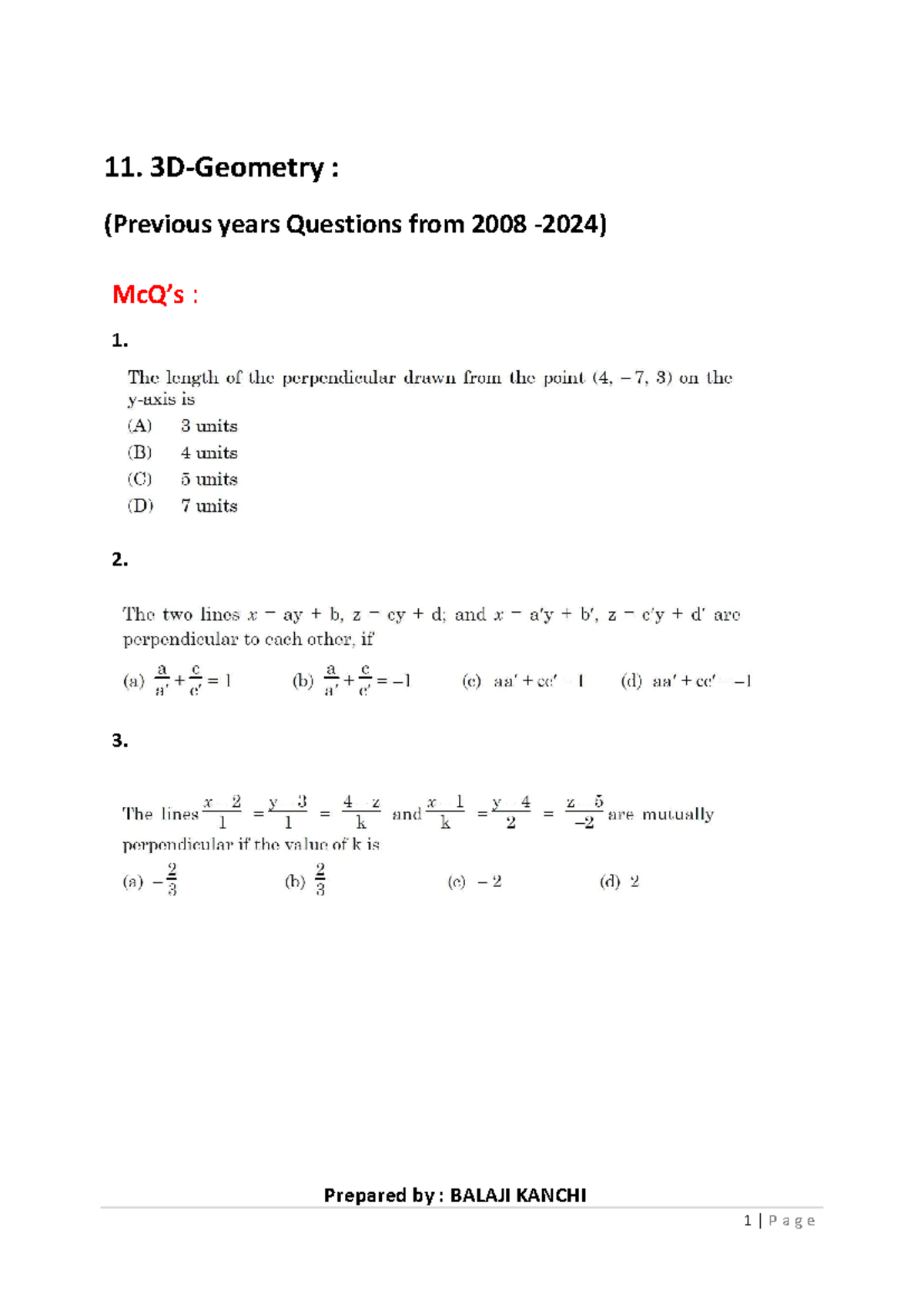 11. 3D Geometry: MCQ Compilation for Exam Prep (2008-2024) - Studocu
