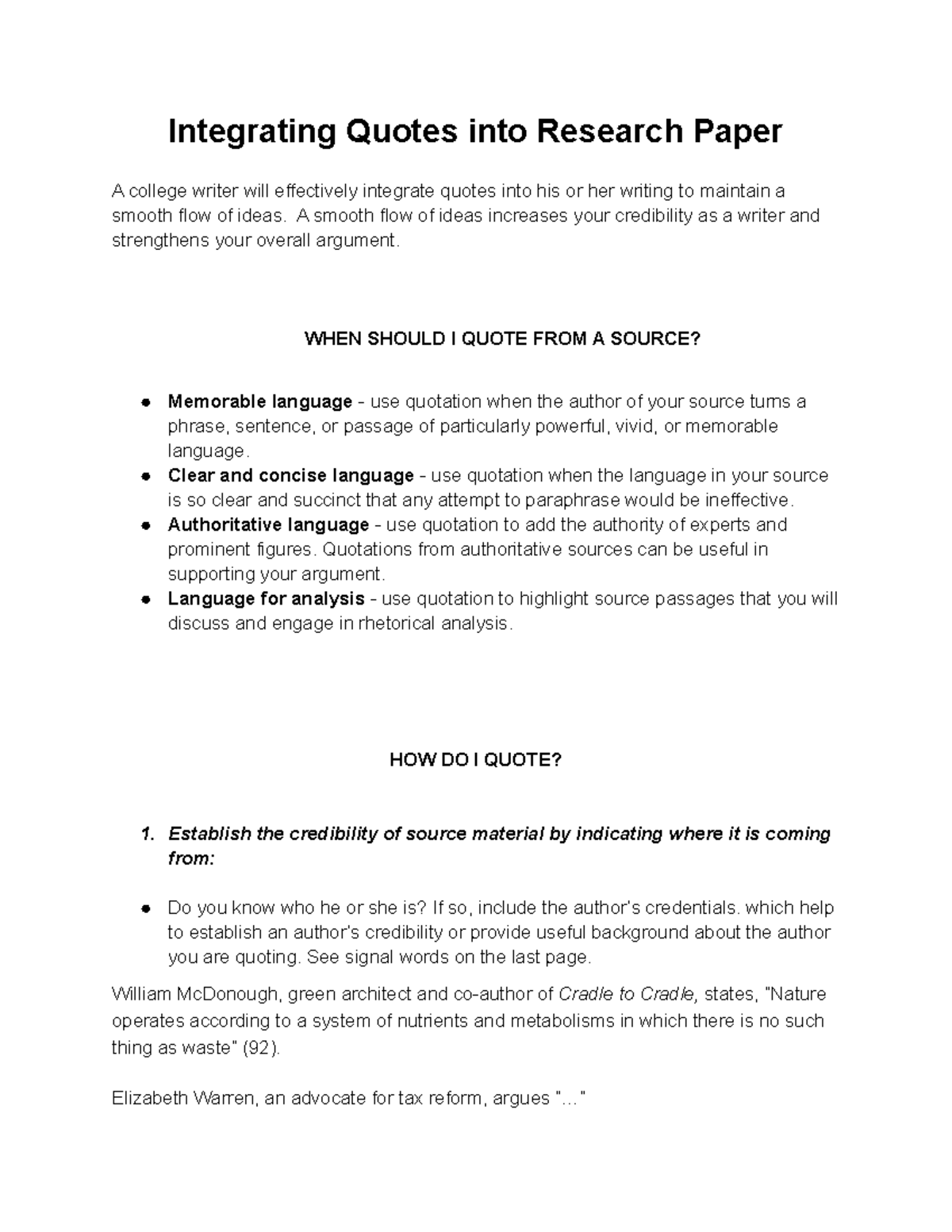 Practice Integrating Quotes into a Research Paper - Integrating Quotes ...