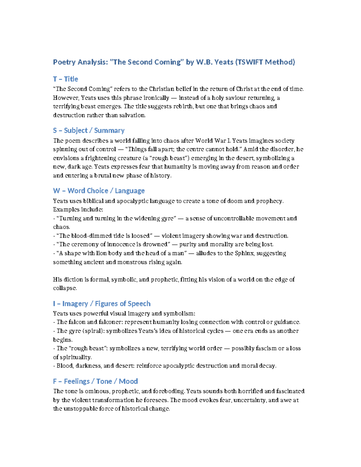 Poetry Analysis: The Second Coming by W.B. Yeats (TSWIFT Method) - Studocu