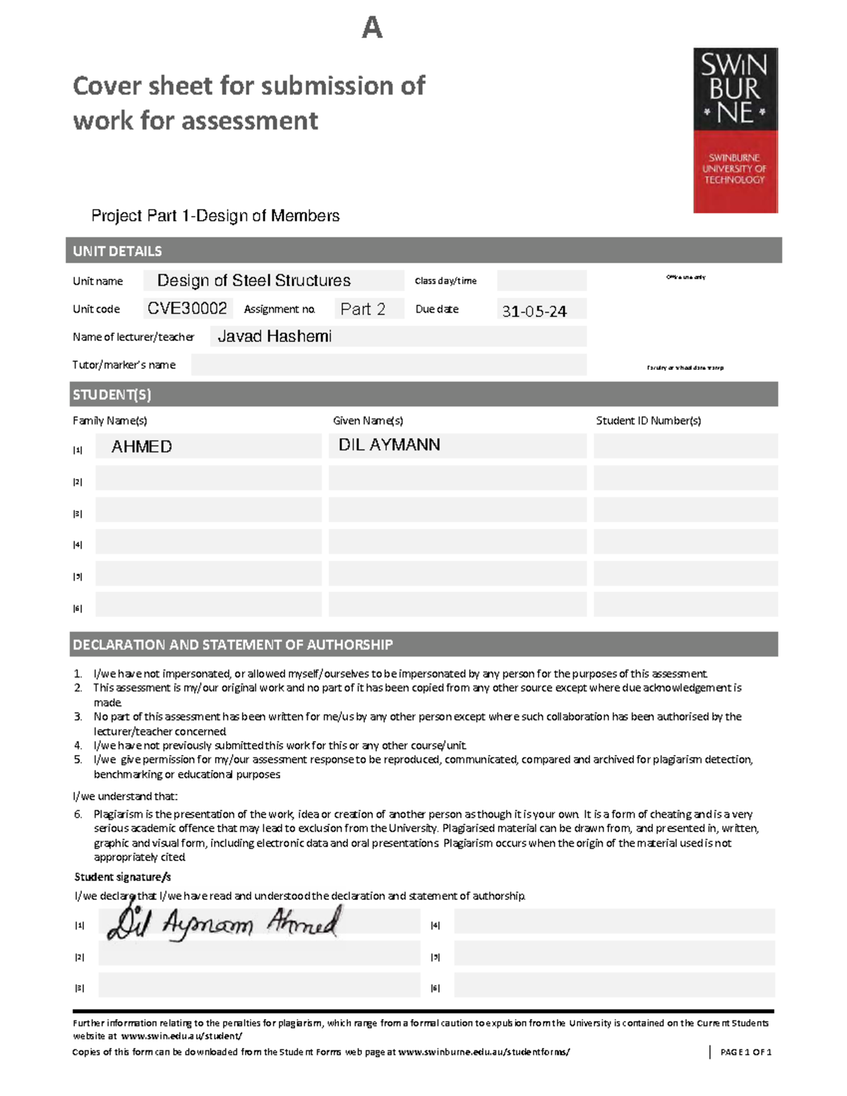 Design of Steel Structures Assignment 2 Cover Sheet - 2024 - Studocu