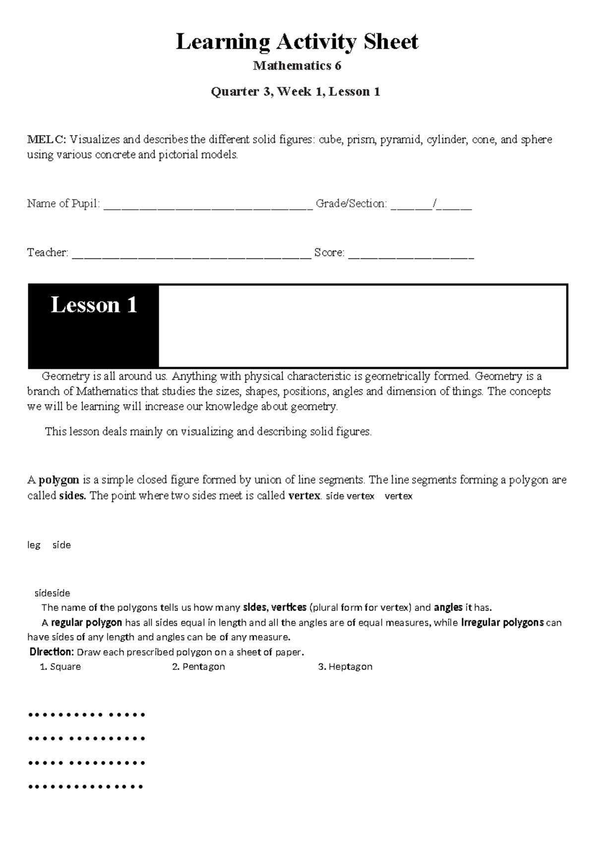 MATH 6 Q3 Week 1 Lesson 1: Exploring Solid Figures and Geometry - Studocu
