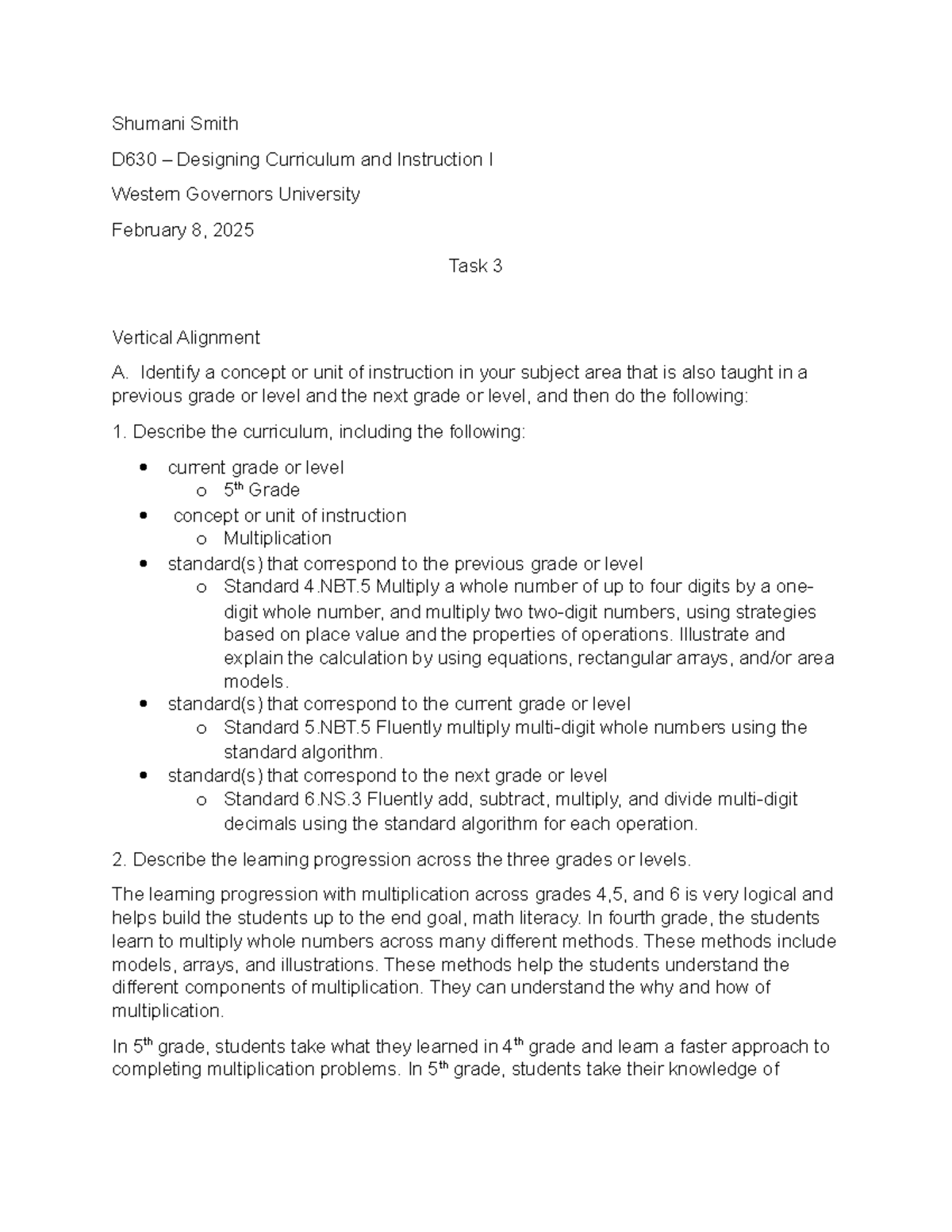 Task 3 - D630: Vertical Alignment in Curriculum for Multiplication ...
