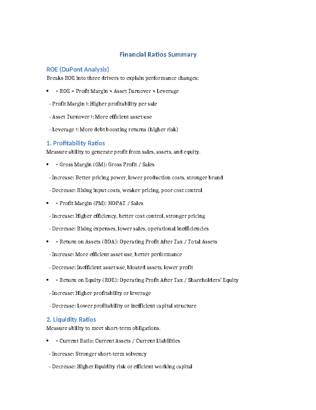 Financial Ratios Summary: Analyzing ROE via DuPont Analysis - Studocu