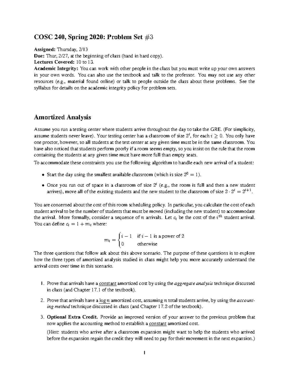 COSC 240: Spring 2020 Problem Set 3 - Amortized Analysis & DP Techniques - Studocu