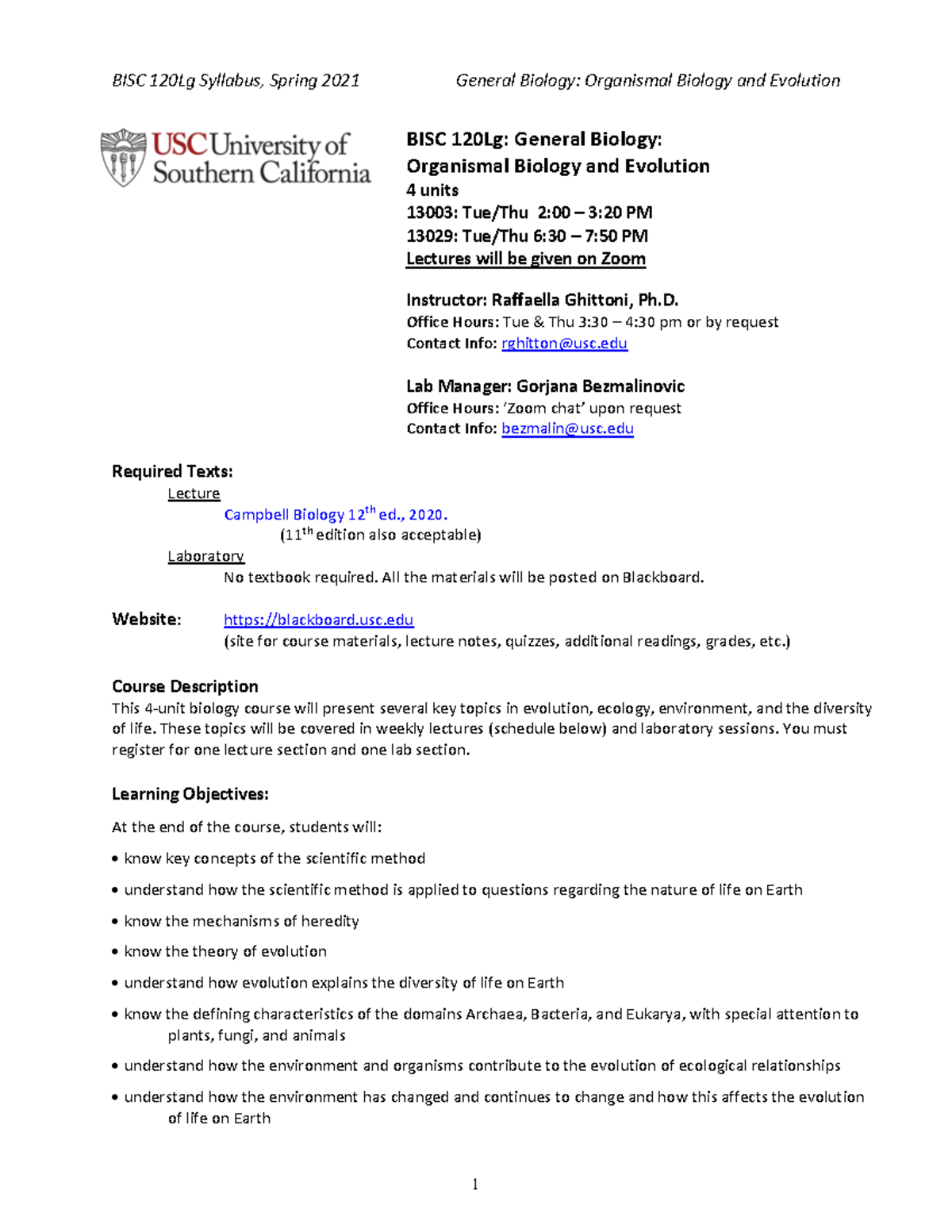 BISC 120 Syllabus: General Biology (Organismal Biology & Evolution ...
