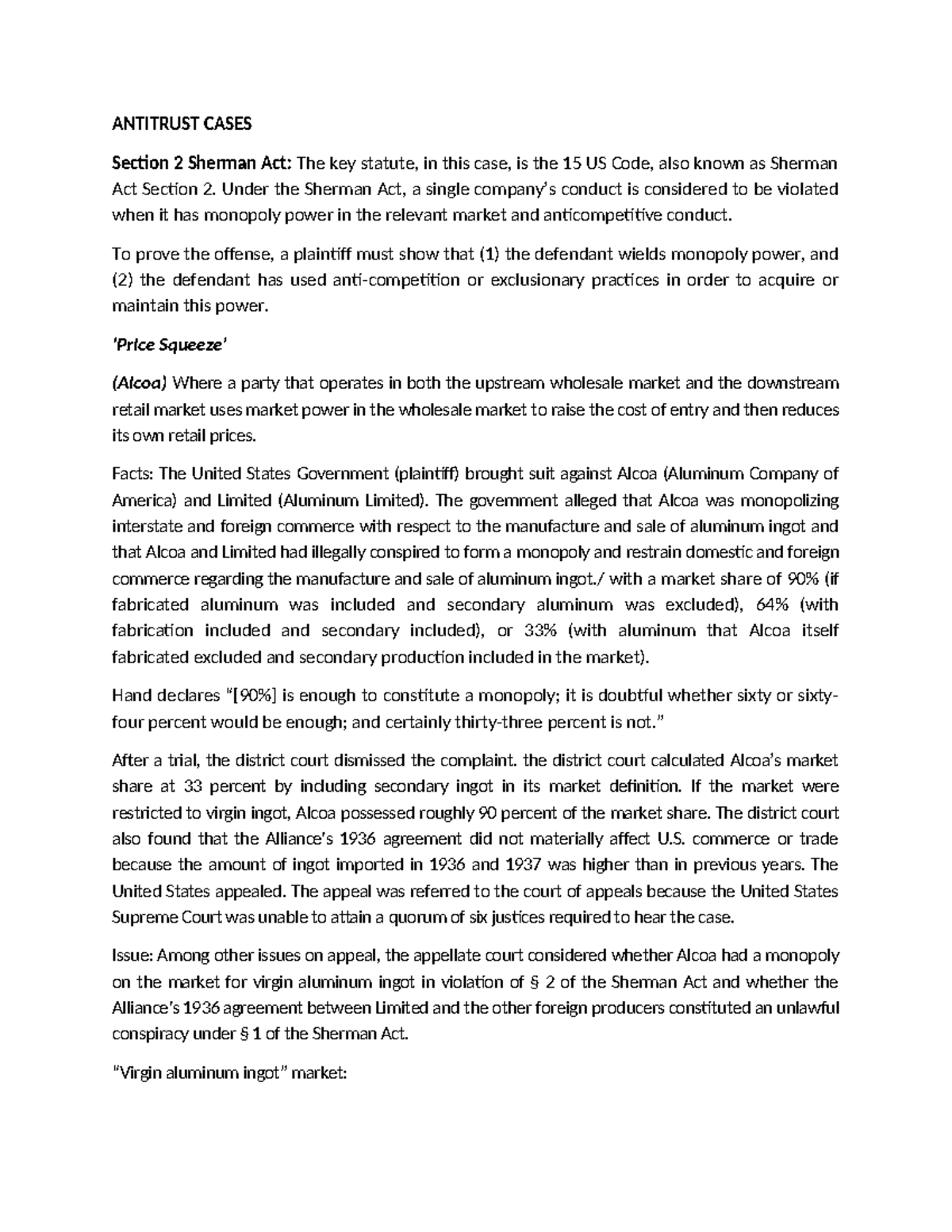 Antitrust Cases Section 2 - ANTITRUST CASES Section 2 Sherman Act: The ...