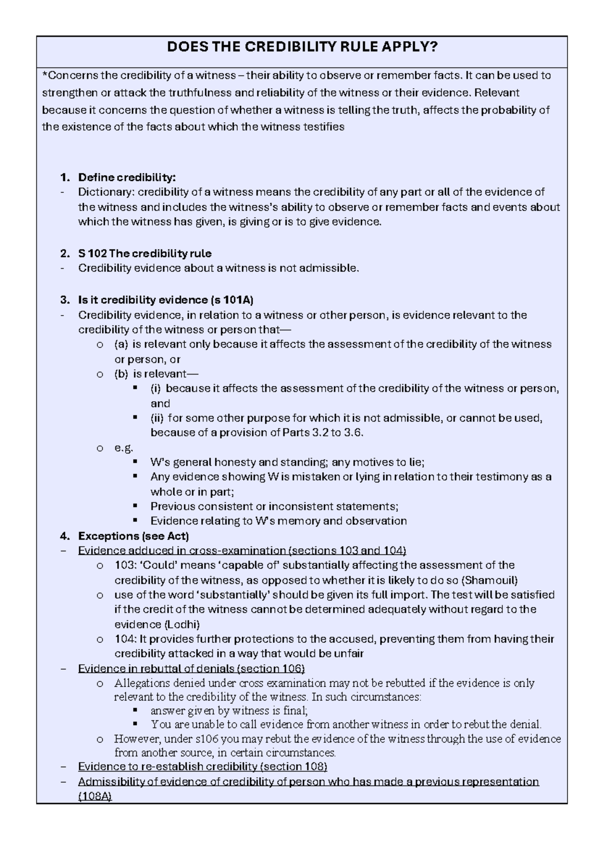 Credibility Rule Analysis: Witness Testimony & Evidence (LAW 101) - Studocu