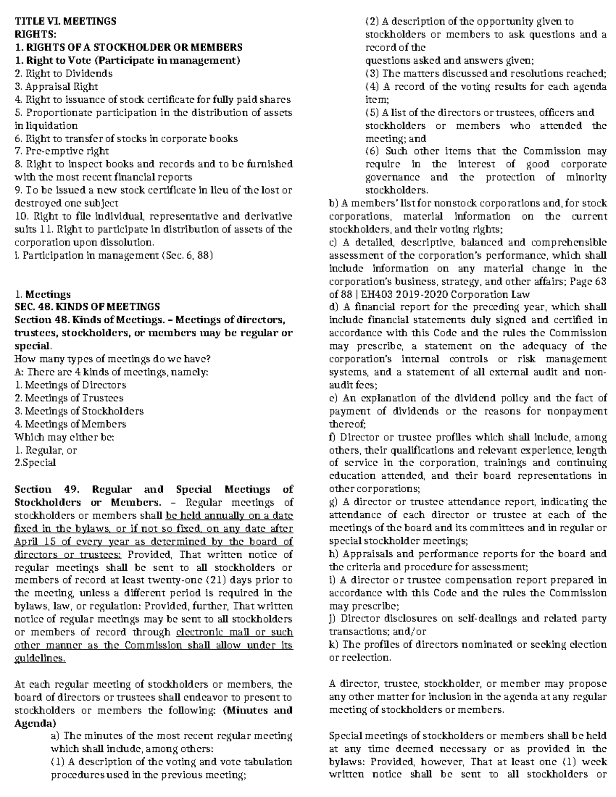 RCCP SH - Revised Corporation Code: Stockholders' Meeting Rights and ...